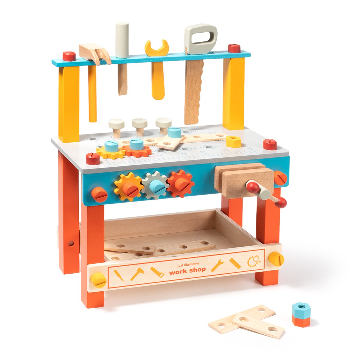 Wooden Play Workbench Set, Orange - Toddler Friend